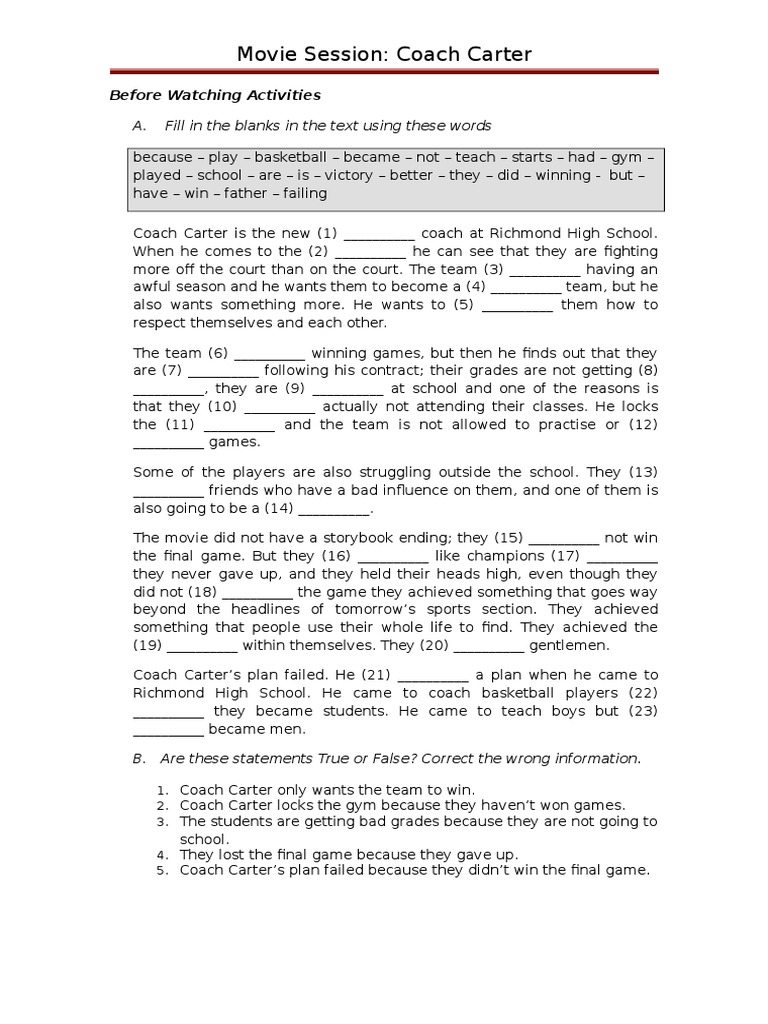 Movie Session: Coach Carter: A. Fill in The Blanks in The Text Using ...
