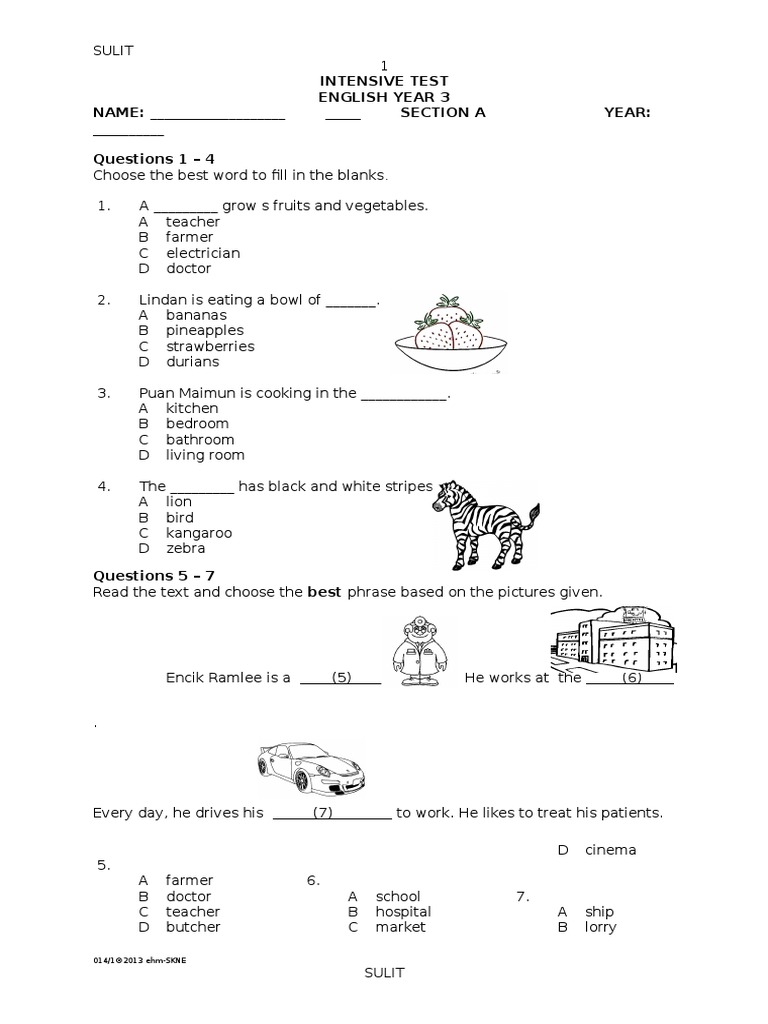 Intensive Test English Year 3 NAME: - Section A Year: - Questions 1 - 4 ...