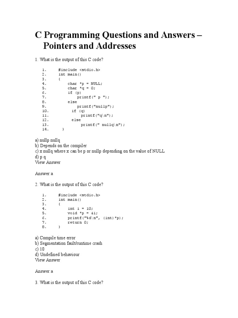 C Programming Questions And Answers Pointers And Addresses Pdf C Programming Language