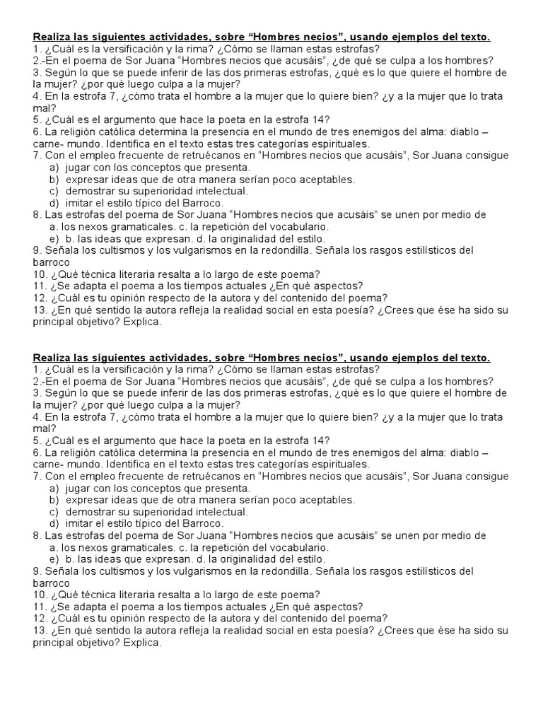 Análisis literario y social del poema "Hombres necios que acusáis | PDF ...