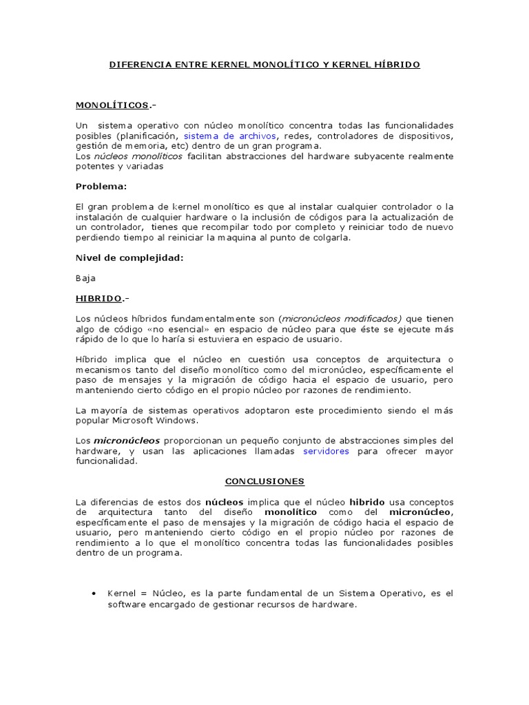 Diferencias Kernel Monolítico e Híbrido | PDF