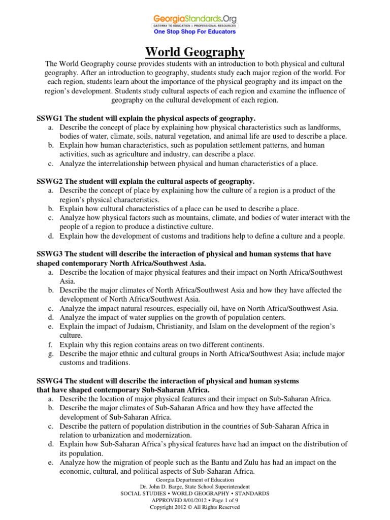 Georgia Performance Standards Social Studies 9-12 | PDF | Geography ...