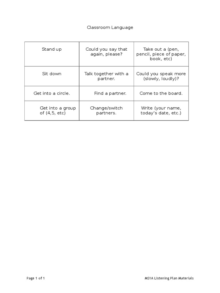 Classroom Commands and Phrases | PDF