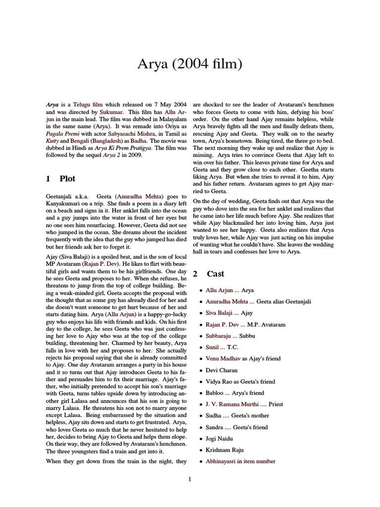 Arya (2004 Film) | PDF | Cinema Of India | Works