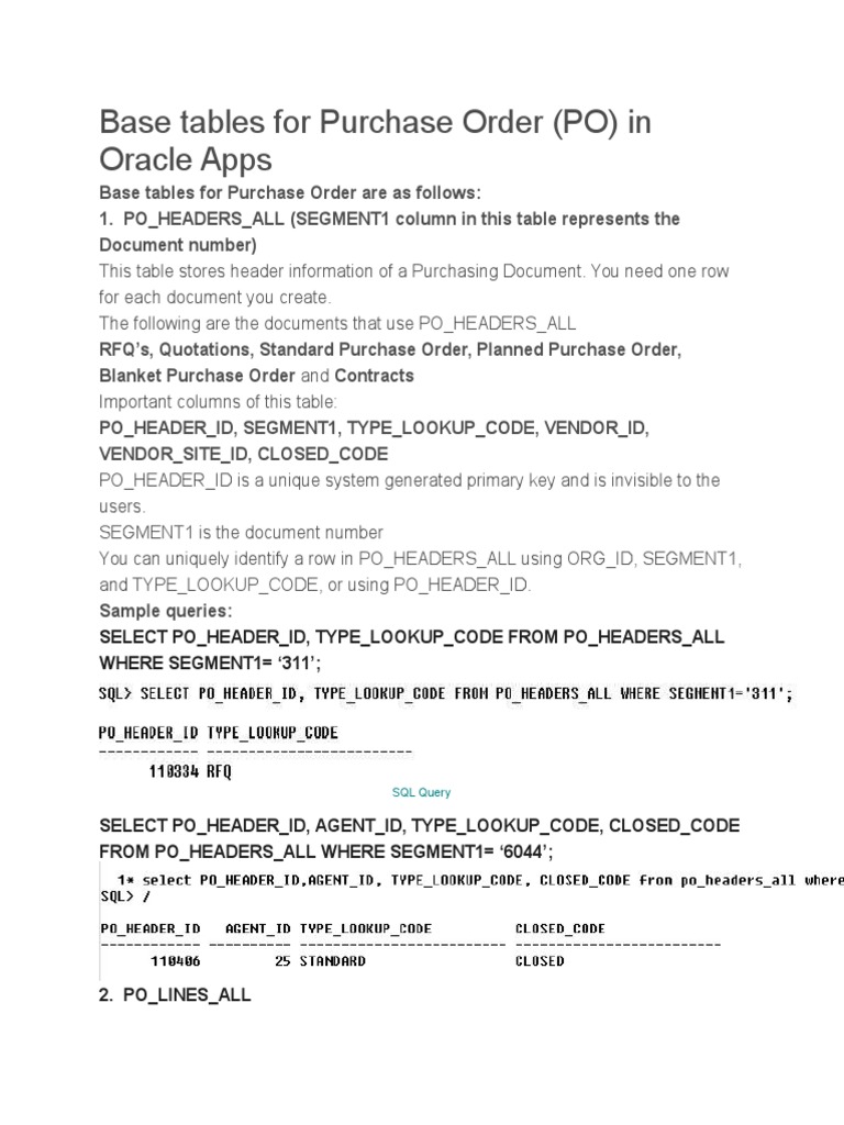 Base Tables For Purchase Order | PDF | Table (Database) | Sql