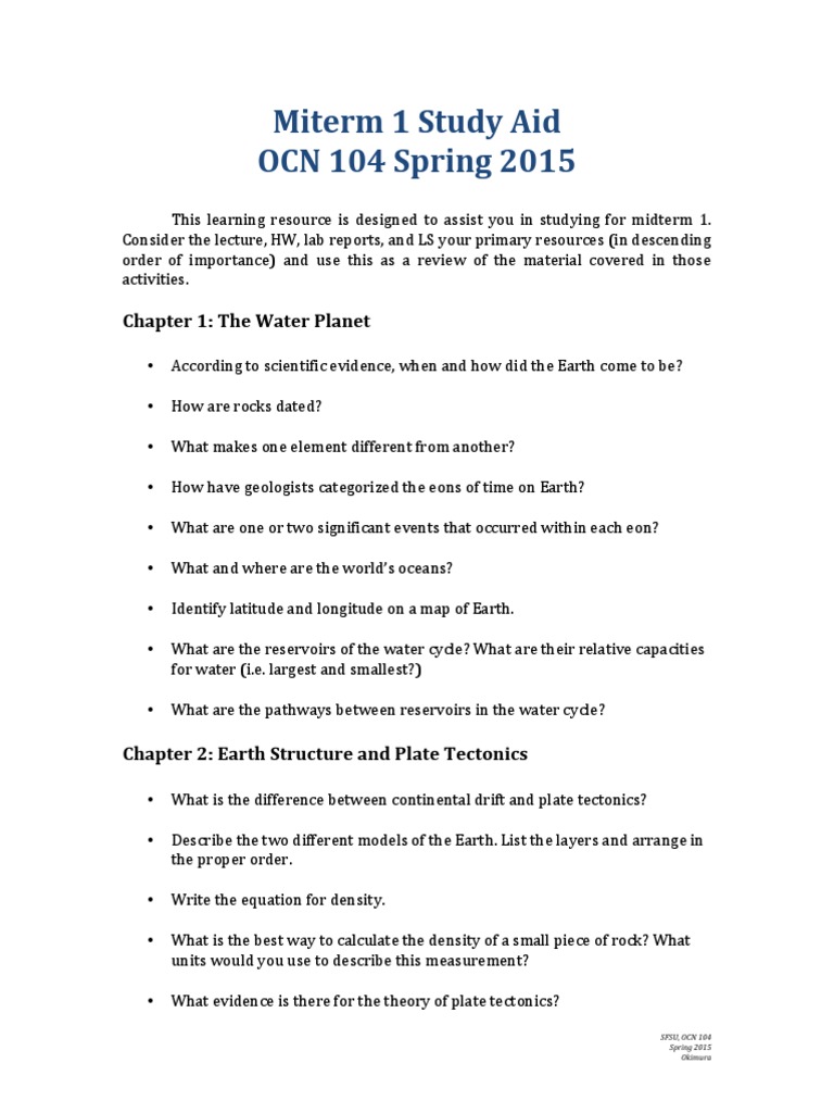 SFSU OCN 104 Midterm 1 Study Guide | PDF | Plate Tectonics | Seawater