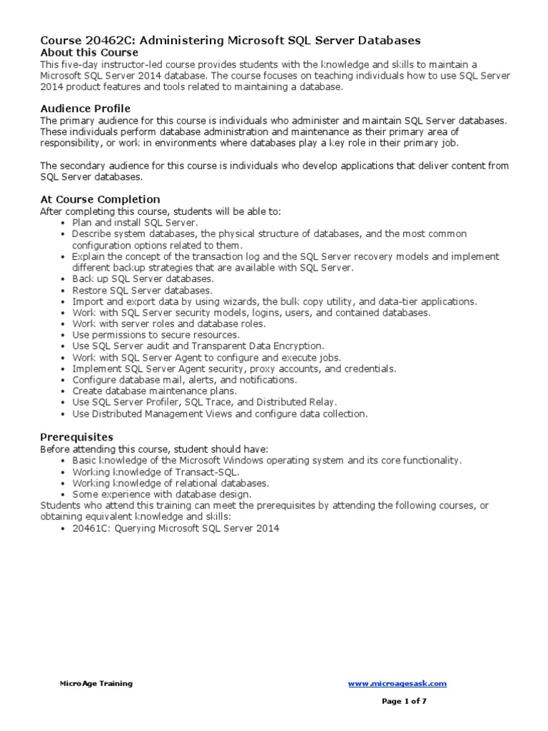 Course 20462C: Administering Microsoft SQL Server Databases | PDF | Microsoft Sql Server | Databases
