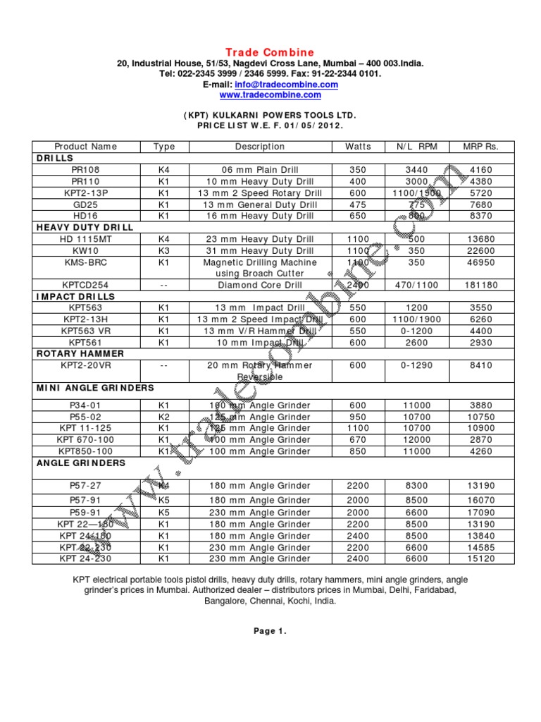 KPT Power Tools Price List 2012 | PDF | Drill | Manufactured Goods