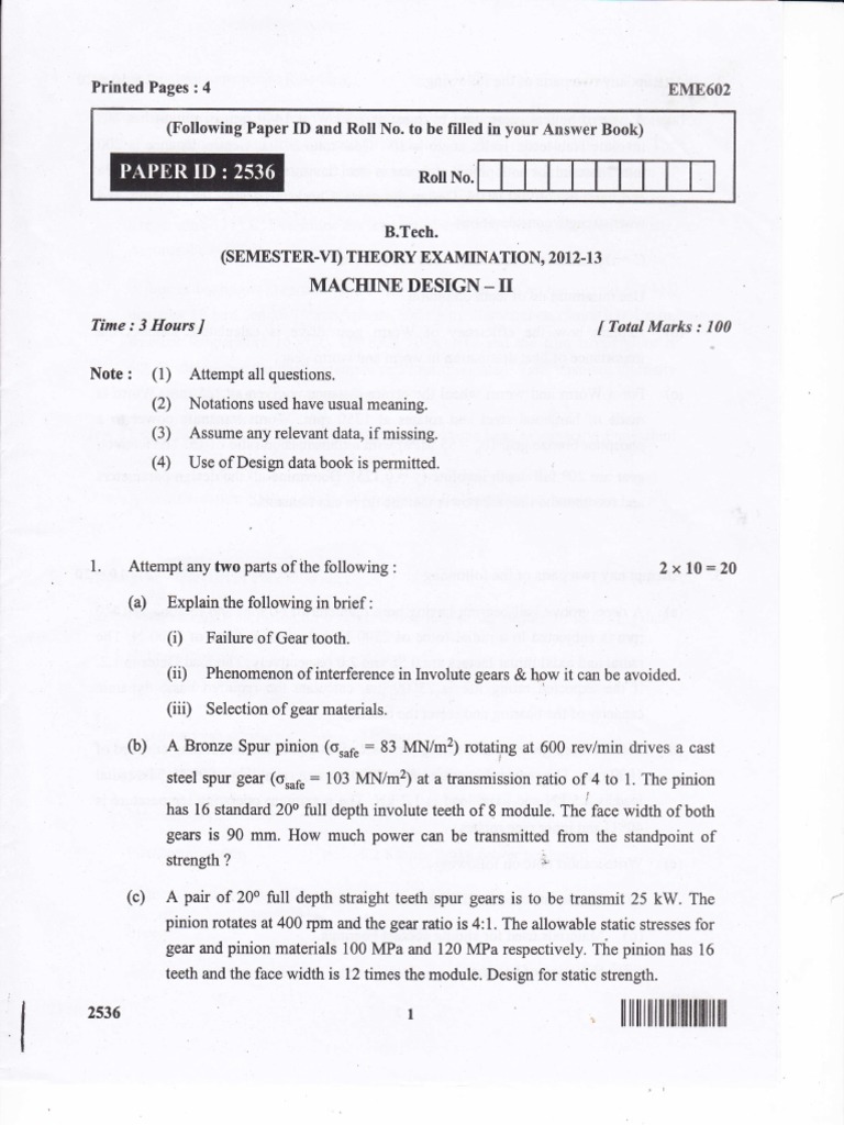 Machine Design-II EME602 2012-13 | PDF | Gear | Bearing (Mechanical)