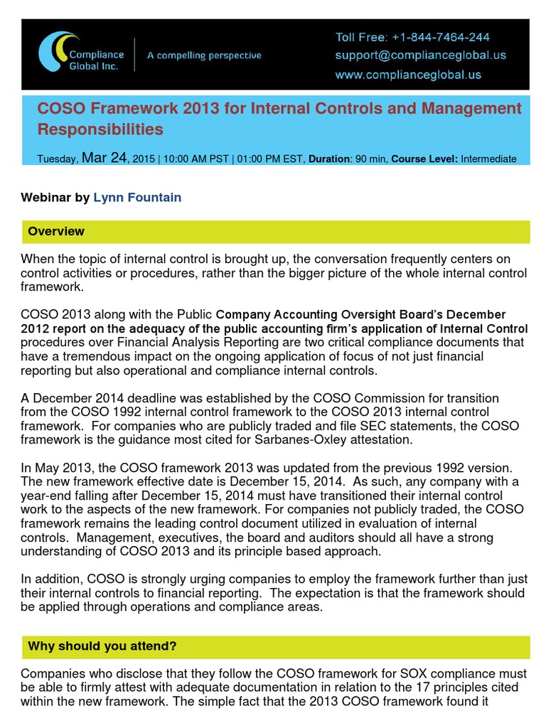 COSO Framework 2013 For Internal Controls and Management ...
