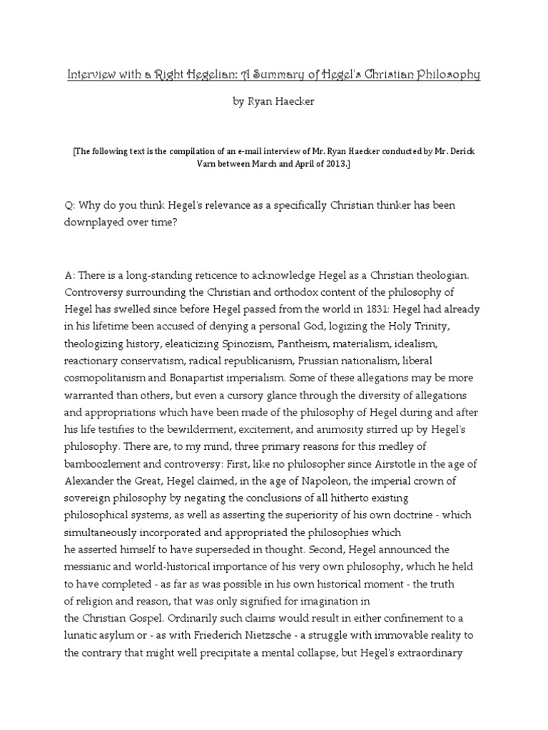 A Summary of Hegels Christian Philosophy Ryan Haecker | PDF | Georg ...