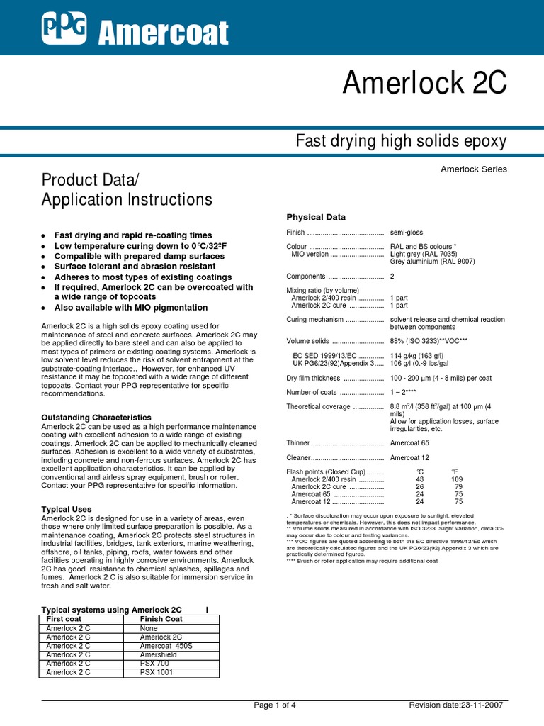 Amerlock 2C: Fast Drying High Solids Epoxy Product Data/ Application ...