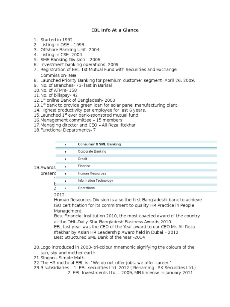 EBL Info at A Glance | PDF | Debit Card | Securities (Finance)