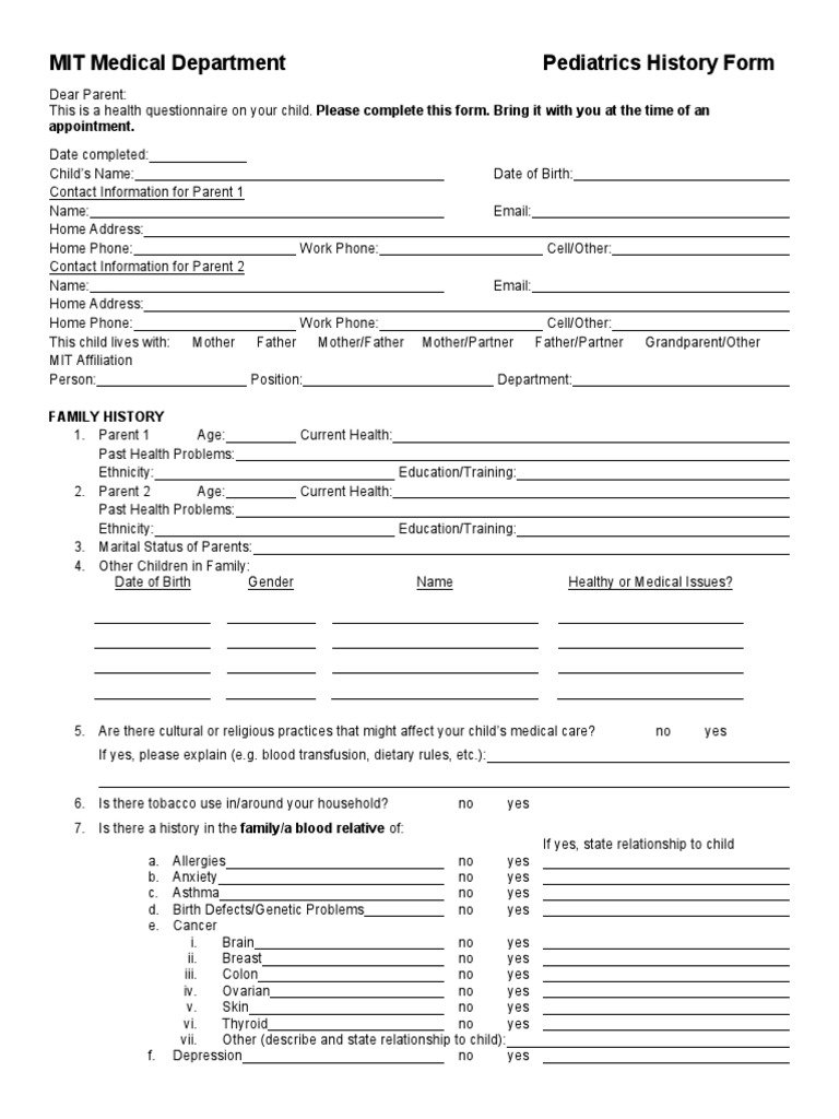 MIT Medical Department Pediatrics History Form: Appointment | PDF ...