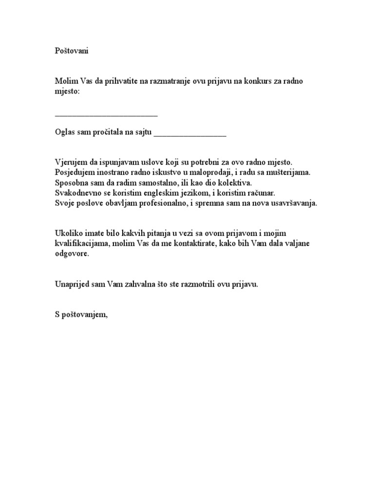 Popratno Pismo Uz Prijavu Za Posao | PDF