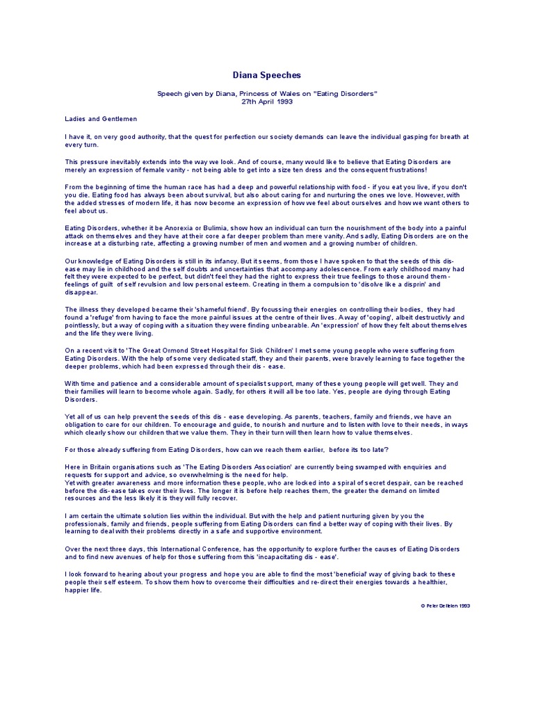 Diana Speeches: Speech Given by Diana, Princess of Wales On "Eating ...