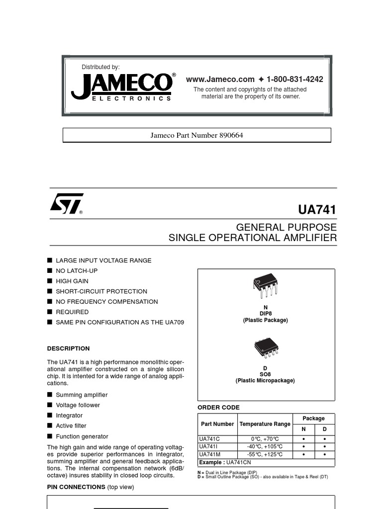 STMicroelectronics UA741CN Datasheet | PDF | Operational Amplifier | Amplifier