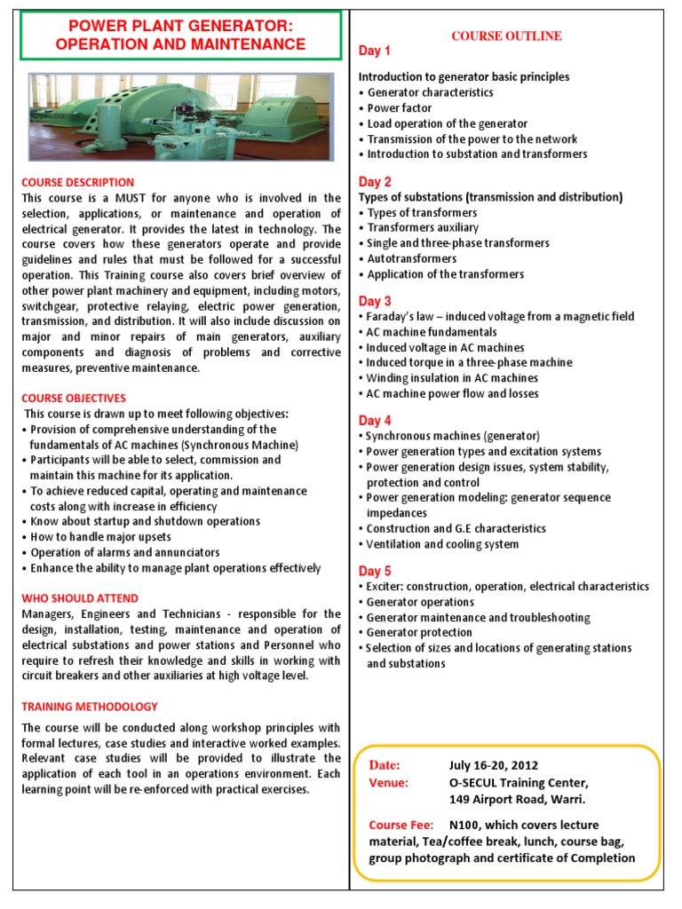 Power Plant Generator: Operation and Maintenance: Course Outline Day 1 ...