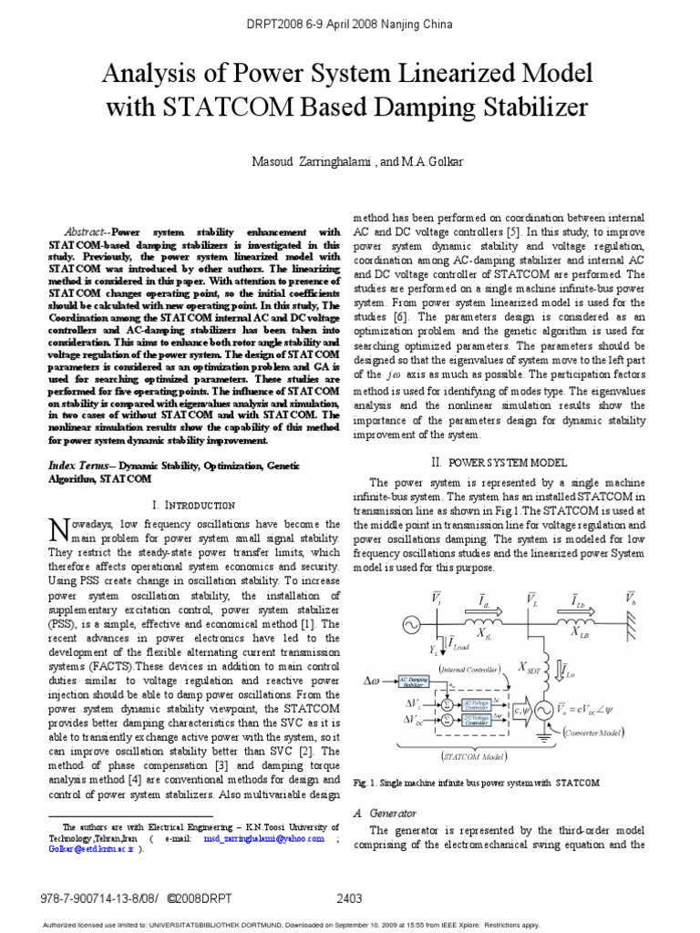 Ieee Power System Paper Analysis Of Power System Linearized Model With Statcom Based Damping