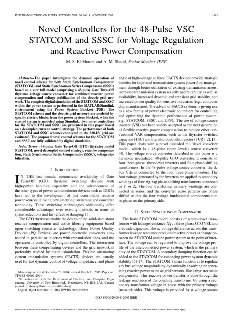 Ieee Power System Paper Novel Controllers For The 48 Pulse Vsc Statcom And Sssc For Voltage 8904