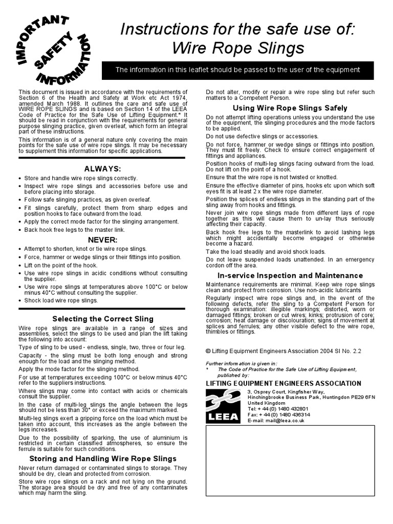 Instructions For The Safe Use Of: Wire Rope Slings | PDF | Rope | Knot