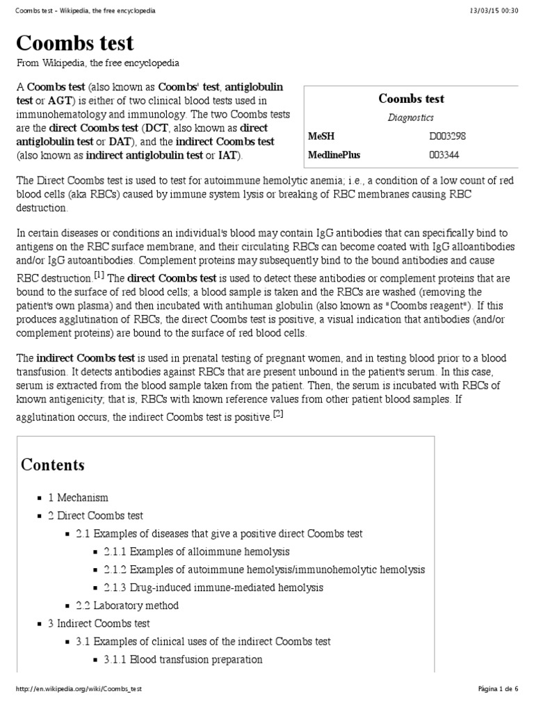 Wikipedia - Coombs Test (For CHECK) | PDF | Pathology | Medicine