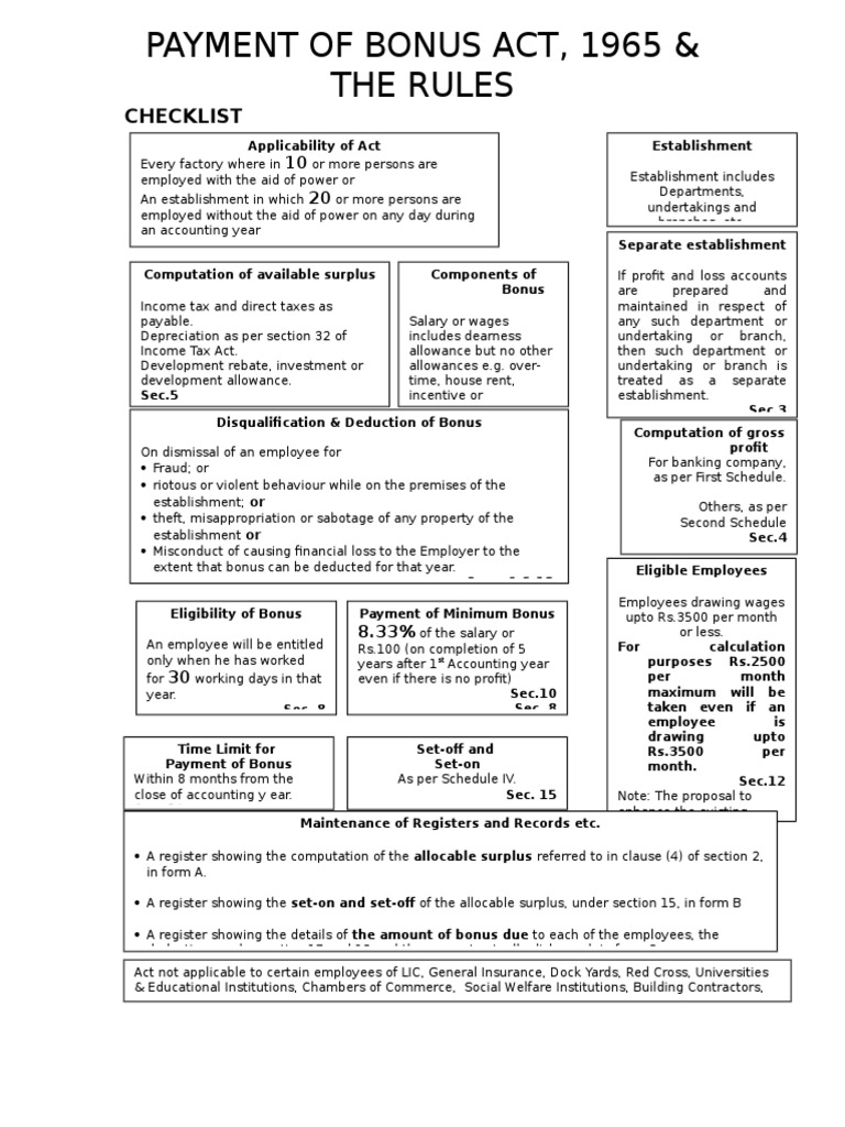 Payment of Bonus Act, 1965 & The Rules: Checklist | PDF | Employment ...