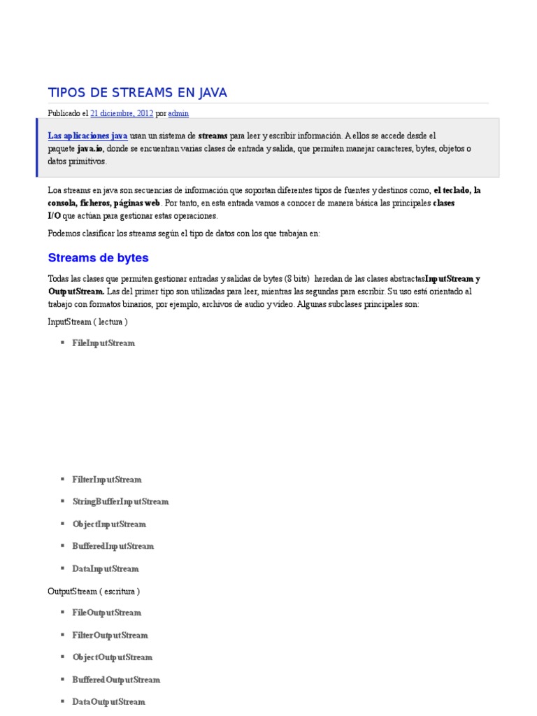 Tipos de Streams en Java | PDF | Java (lenguaje de programación) | Streaming Media