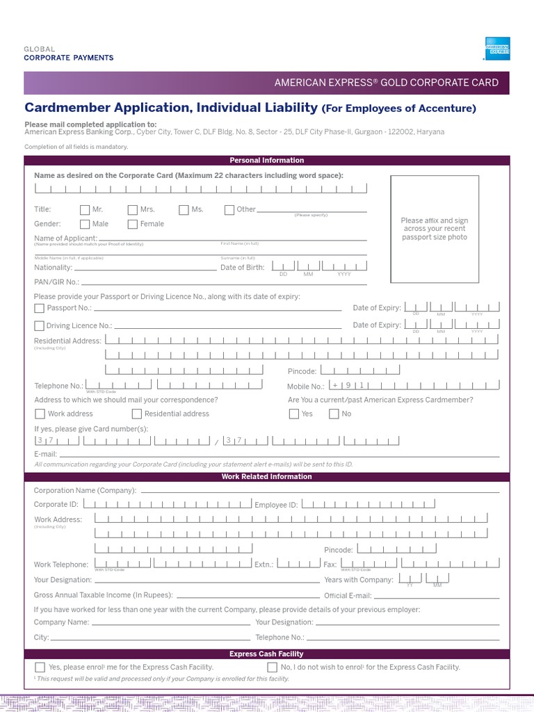 Cardmember Application, Individual Liability: (For Employees of ...