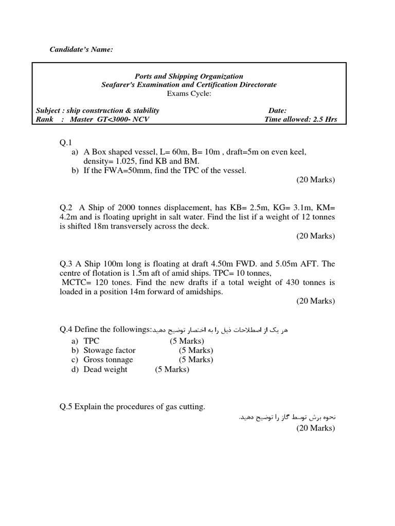 Ship Stability Exam | PDF | Ships | Tonnage
