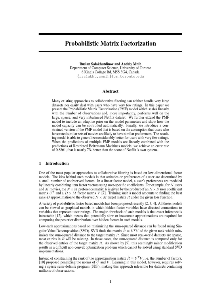 Probabilistic Matrix Factorization: Ruslan Salakhutdinov and Andriy Mnih | PDF | Covariance ...