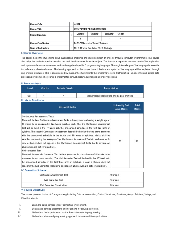 I. Course Overview:: Course Code: A1501 Course Title: Computer Programming Course Structure ...
