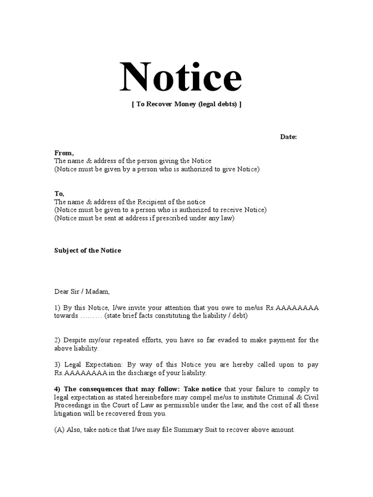 Legal Notice for Money Recovery | PDF | Lawsuit | Crime & Violence