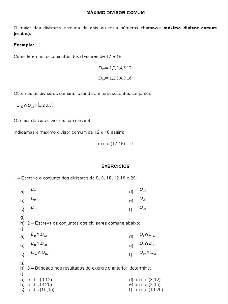 Máximo Divisor Comum: Conceitos e Exercícios | PDF