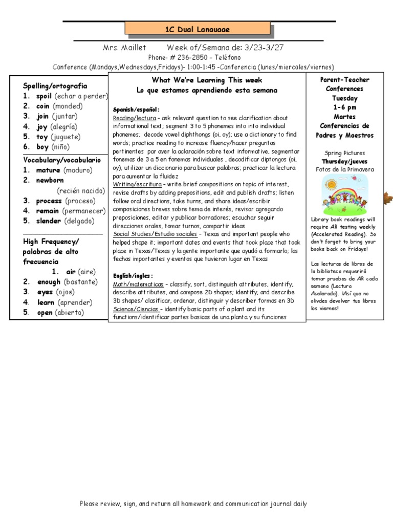 Weekly Learning Overview for 1C Dual Language | PDF | Oral ...