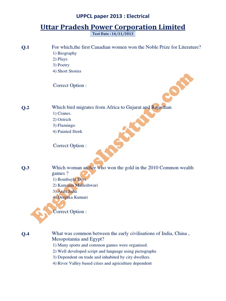 Uttar Pradesh Power Corporation Limited: UPPCL Paper 2013: Electrical ...