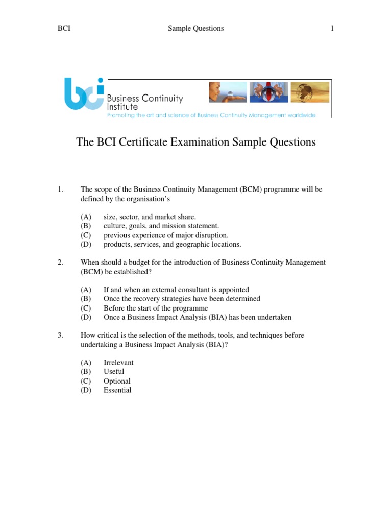 The BCI Certificate Examination Sample Questions | PDF