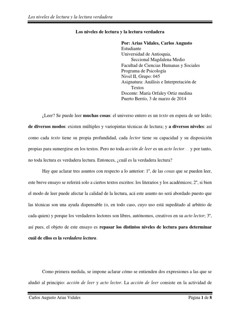ensayo l los niveles de lectura y la lectura verdadera.pdf | Lectura ...