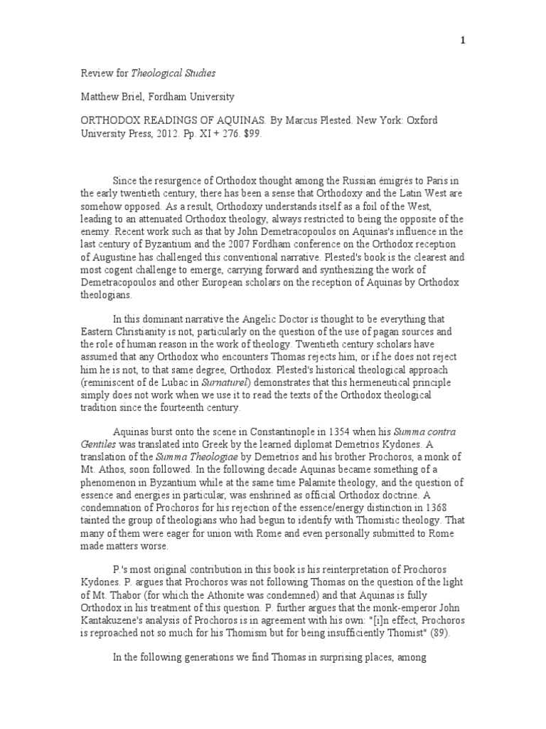 Review Marcus Plested Orthodox Readings of Aquinas | PDF | Thomas ...