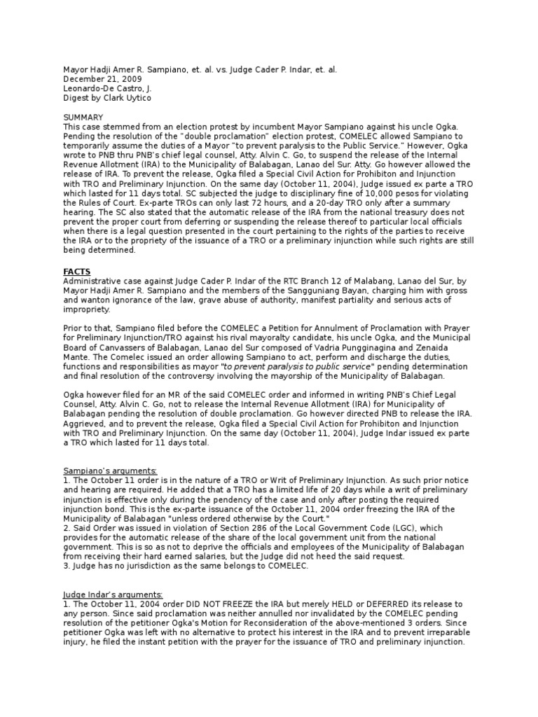 Sampiano vs. Judge Indar | Download Free PDF | Writ Of Prohibition | Injunction