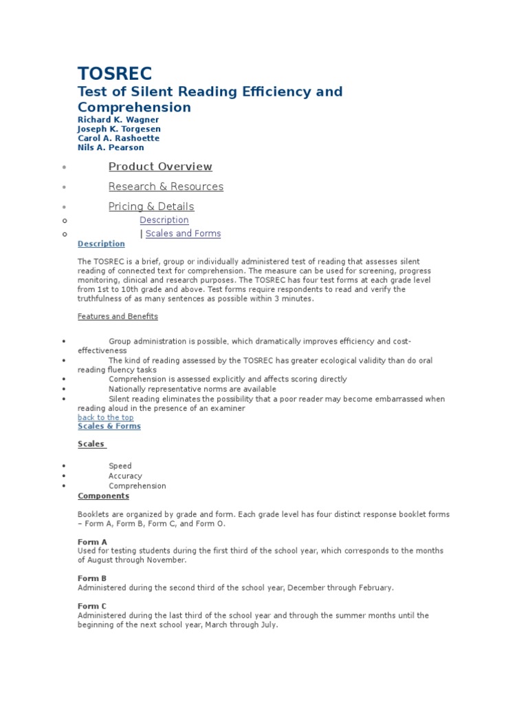 TOSREC: Silent Reading Assessment | PDF