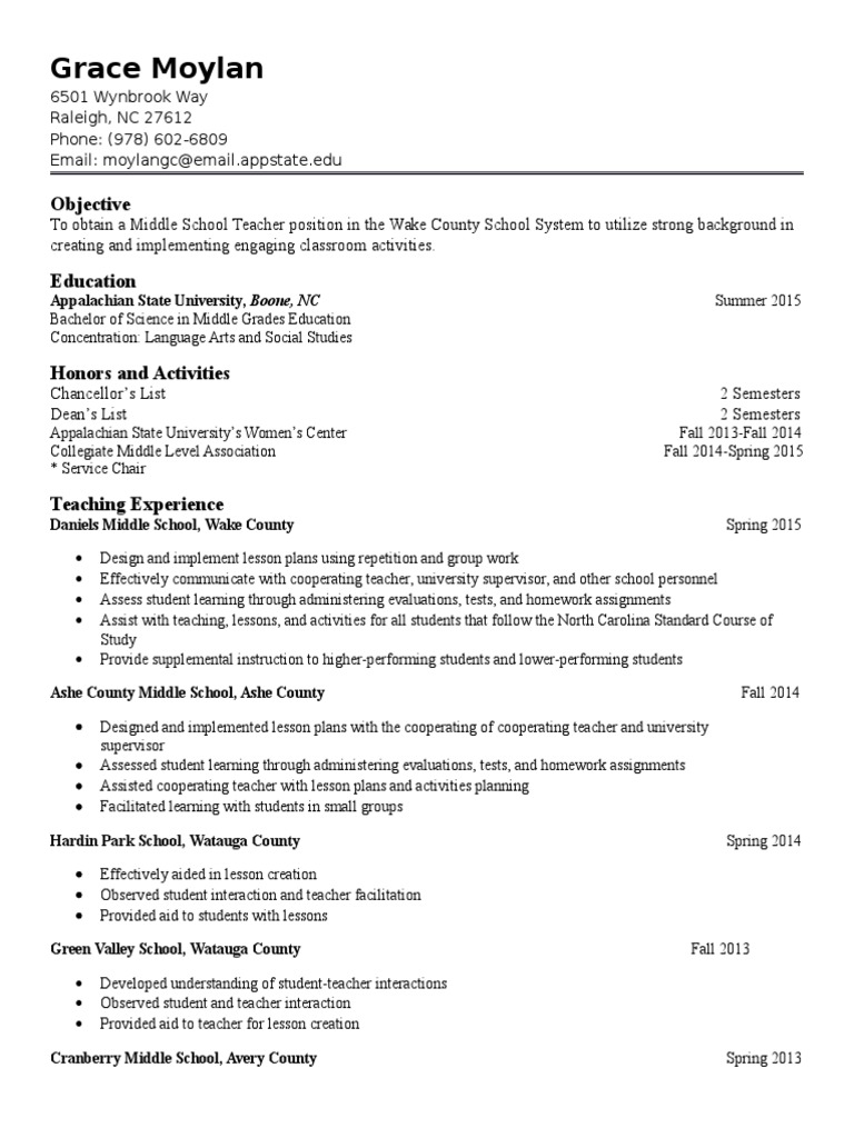 Middle School Teacher Resume - Grace Moylan | PDF | Teachers | Lesson Plan