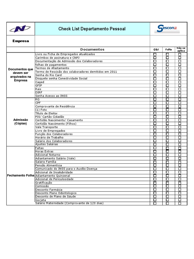 Check List Departamento Pessoal: Empresa Documentos