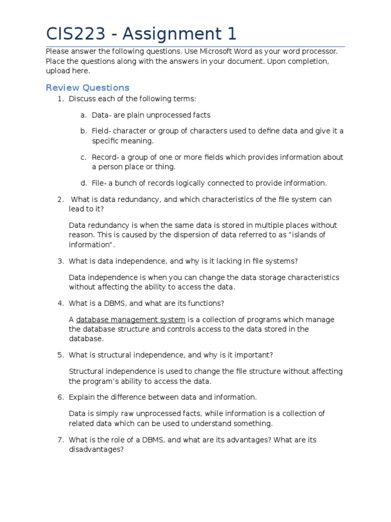 CIS223 - Assignment 1: Review Questions | Download Free PDF | Databases | Digital Technology