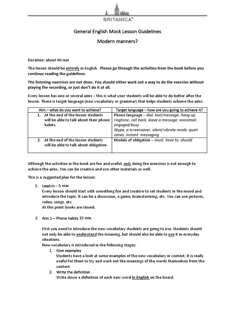 General English Mock Lesson Guidelines | PDF | Vocabulary | Definition