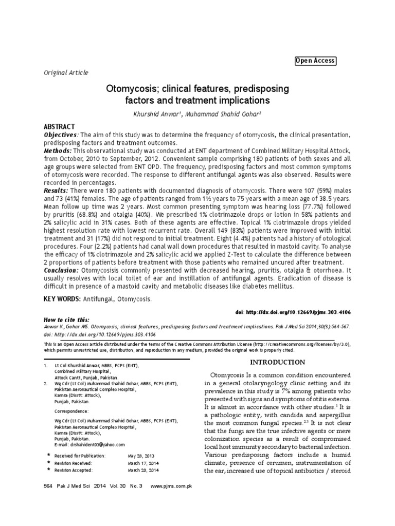 Otomycosis Clinical Features, Predisposing Factors and Treatment ...