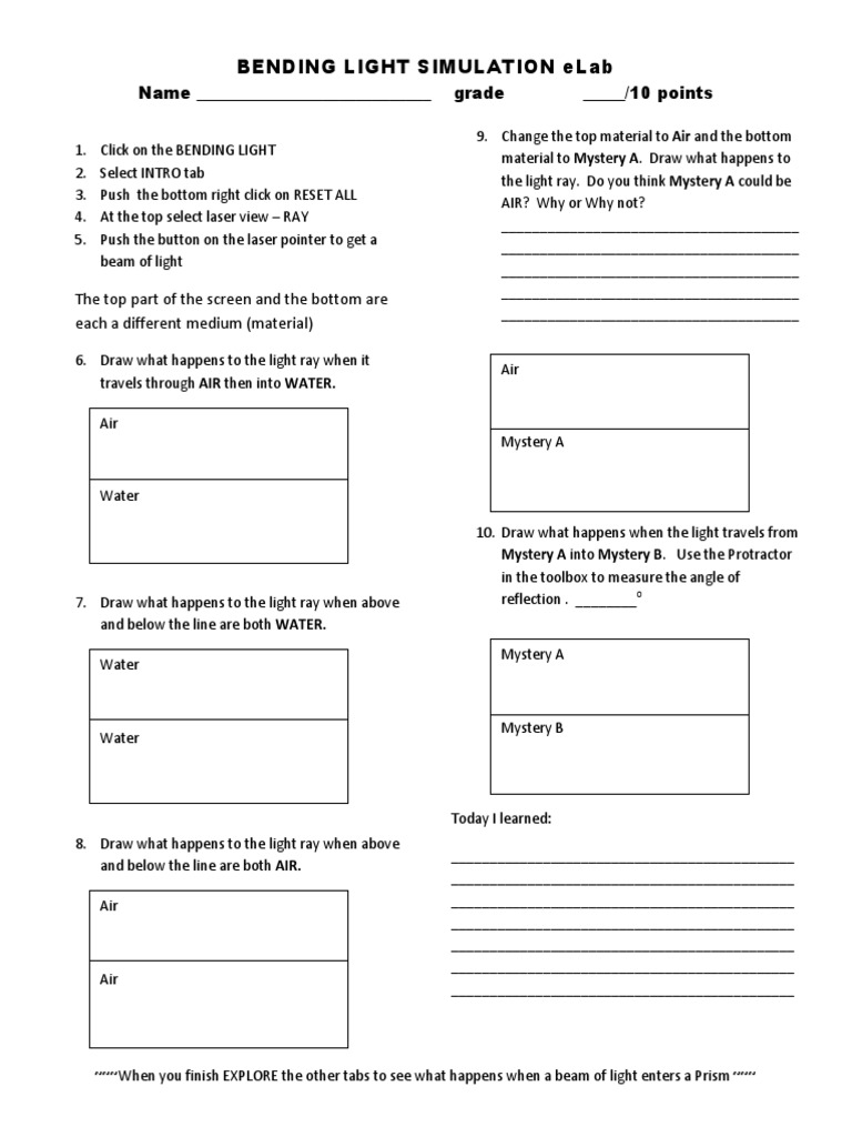 Bending Light Simulation Worksheet | PDF