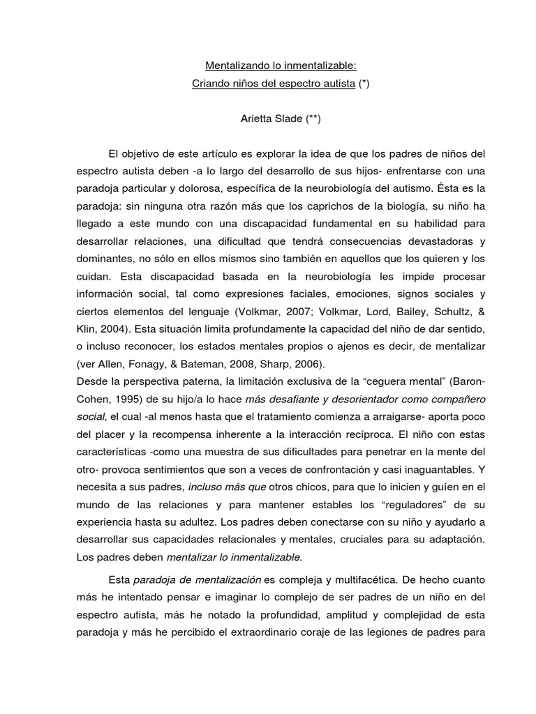 Mentalizando Lo Inmentalizable Arietta Slade | PDF | Autismo | Teoría ...