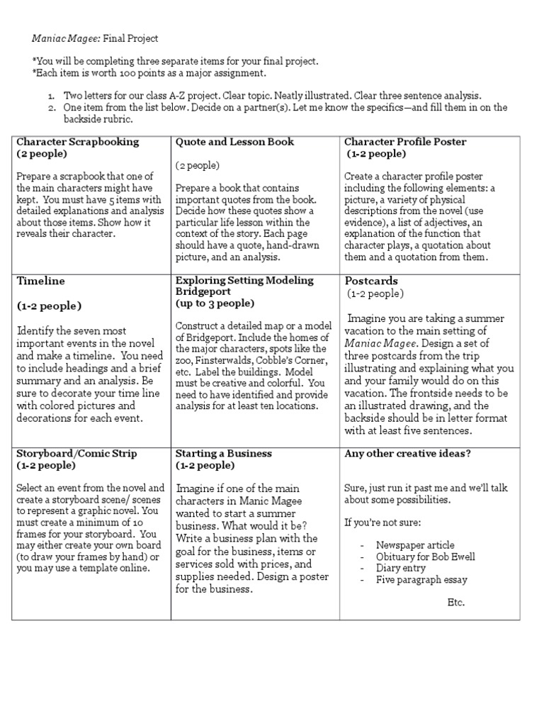 Maniac Magee Final Project | PDF | Books | Cognition