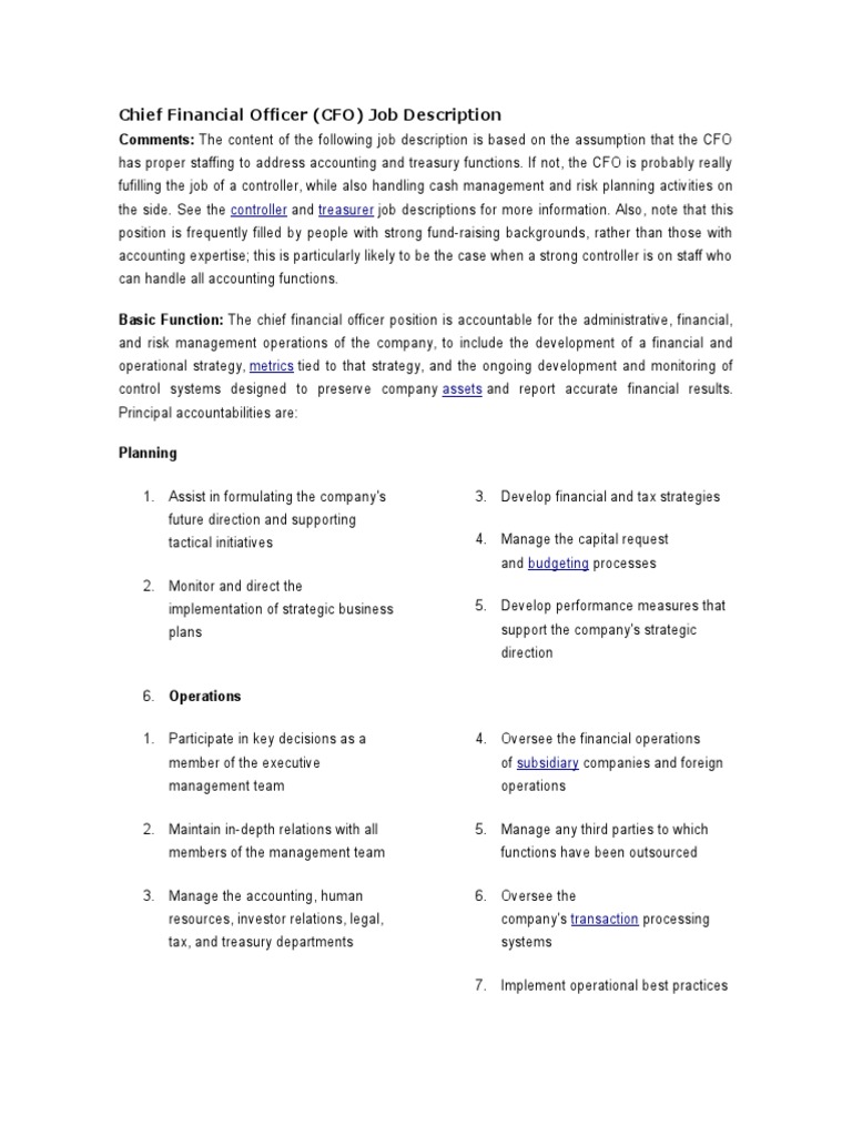 Chief Financial Officer Description | PDF | Chief Financial Officer ...